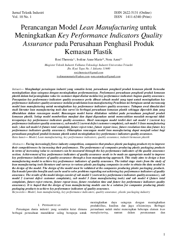 (PDF) Perancangan Model Lean Manufacturing untuk Meningkatkan Key Performance Indicators Quality ...