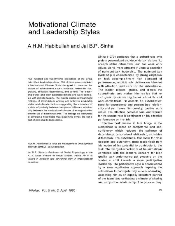 (PDF) Motivational Climate and Leadership Styles