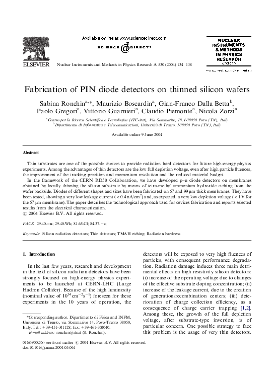 (PDF) Fabrication of PIN diode detectors on thinned silicon wafers