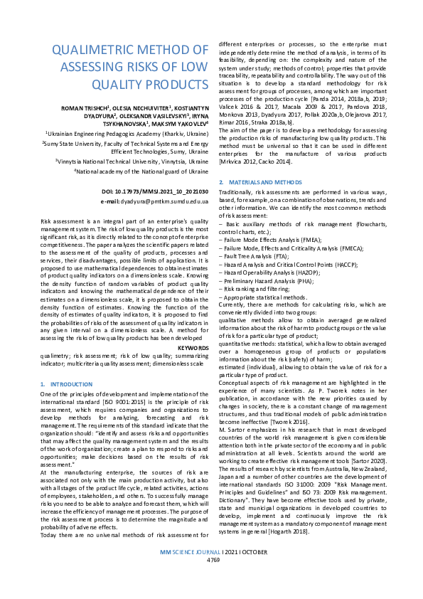 (PDF) Qualimetric Method of Assessing Risks of Low Quality Products