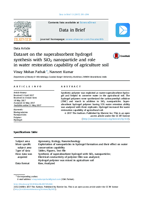 (PDF) Dataset on the superabsorbent hydrogel synthesis with SiO2 ...