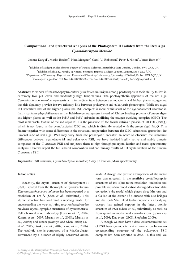 (PDF) Compositional and Structural Analyses of the Photosystem II Isolated from the Red Alga ...
