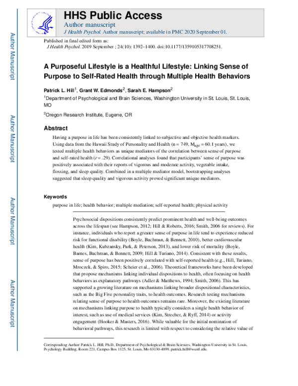 (PDF) A purposeful lifestyle is a healthful lifestyle: Linking sense of ...
