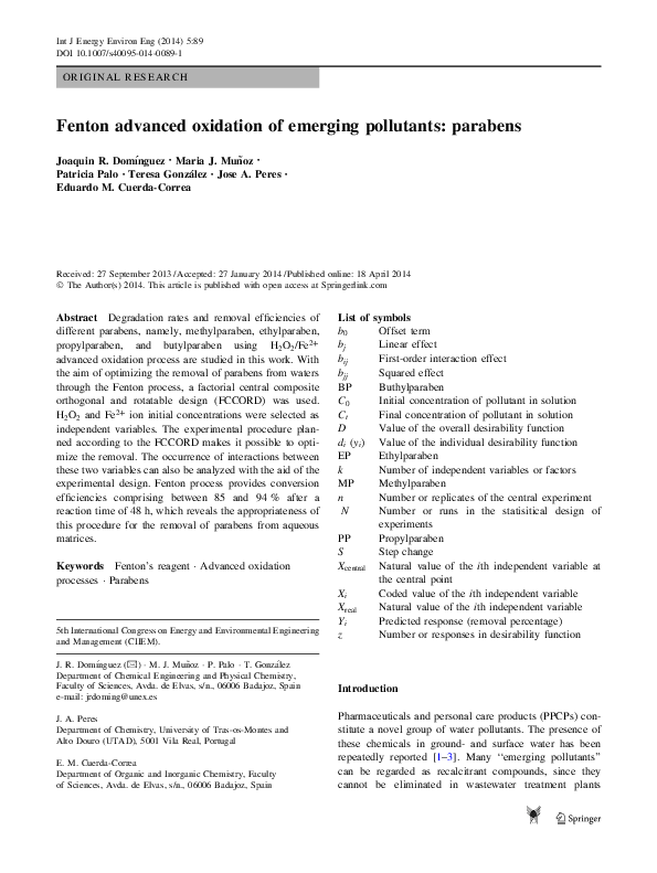 (PDF) Fenton advanced oxidation of emerging pollutants: parabens ...