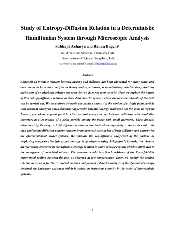 (PDF) Study of entropy–diffusion relation in deterministic Hamiltonian ...