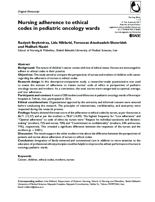 (PDF) Nursing adherence to ethical codes in pediatric oncology wards ...