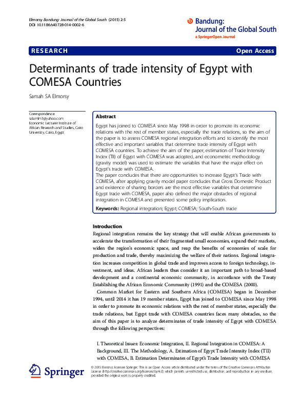 (PDF) Determinants of trade intensity of Egypt with COMESA Countries