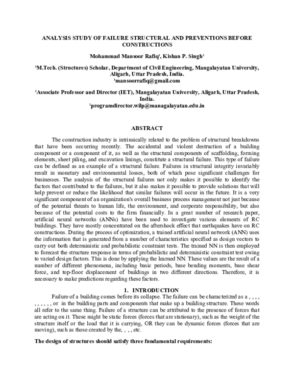 (PDF) ANALYSIS STUDY OF FAILURE STRUCTURAL AND PREVENTIONS BEFORE ...