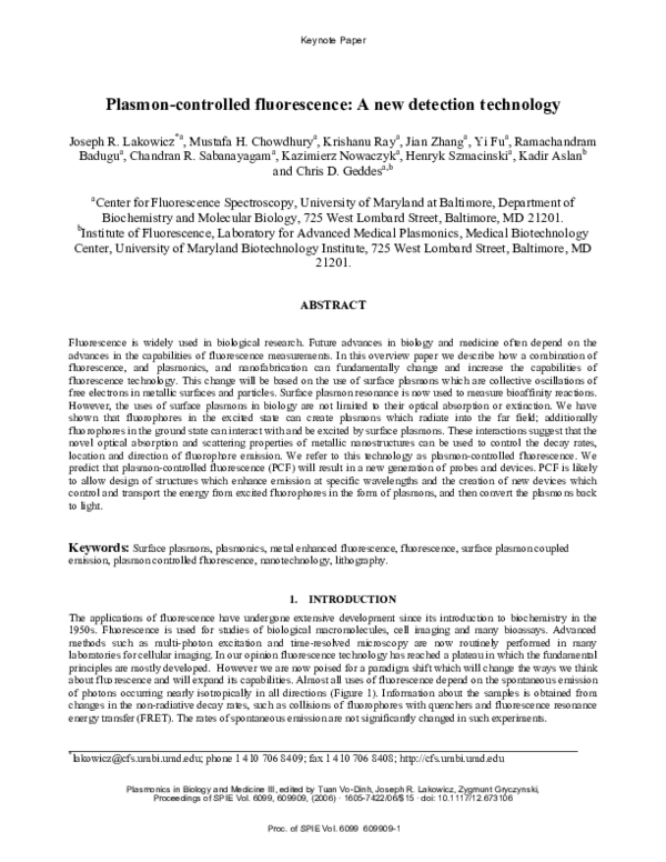 Pdf Plasmon Controlled Fluorescence A New Detection Technology