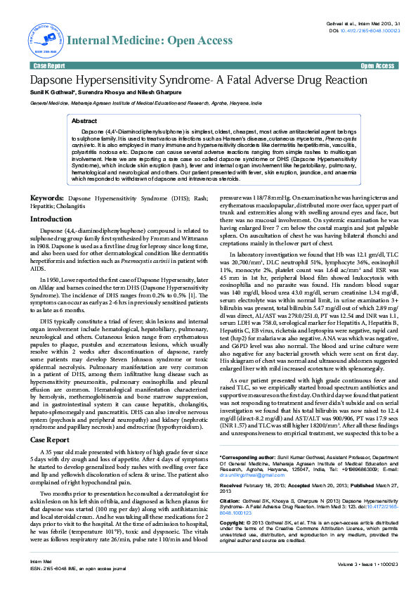 (PDF) Dapsone Hypersensitivity Syndrome- A Fatal Adverse Drug Reaction