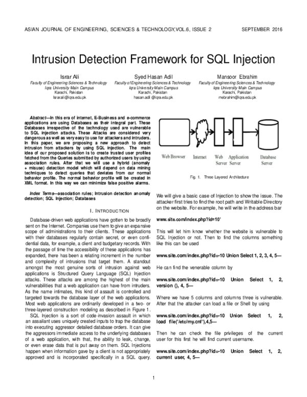 Pdf Intrusion Detection Framework For Sql Injection