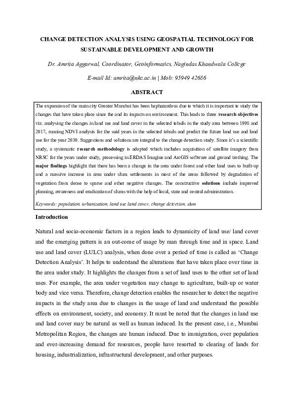 (DOC) CHANGE DETECTION ANALYSIS USING GEOSPATIAL TECHNOLOGY FOR SUSTAINABLE DEVELOPMENT AND GROWTH