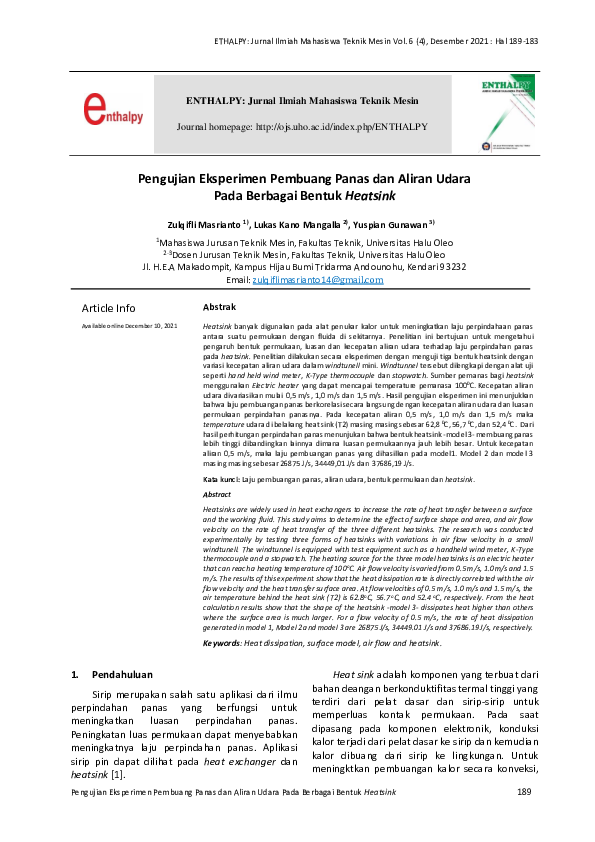 (PDF) Pengujian Eksperimen Pembuang Panas dan Aliran Udara Pada Berbagai Bentuk Heatsink