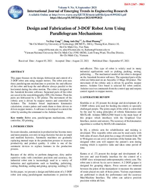 (PDF) Design and Fabrication of 3-DOF Robot Arm Using Parallelogram Mechanisms