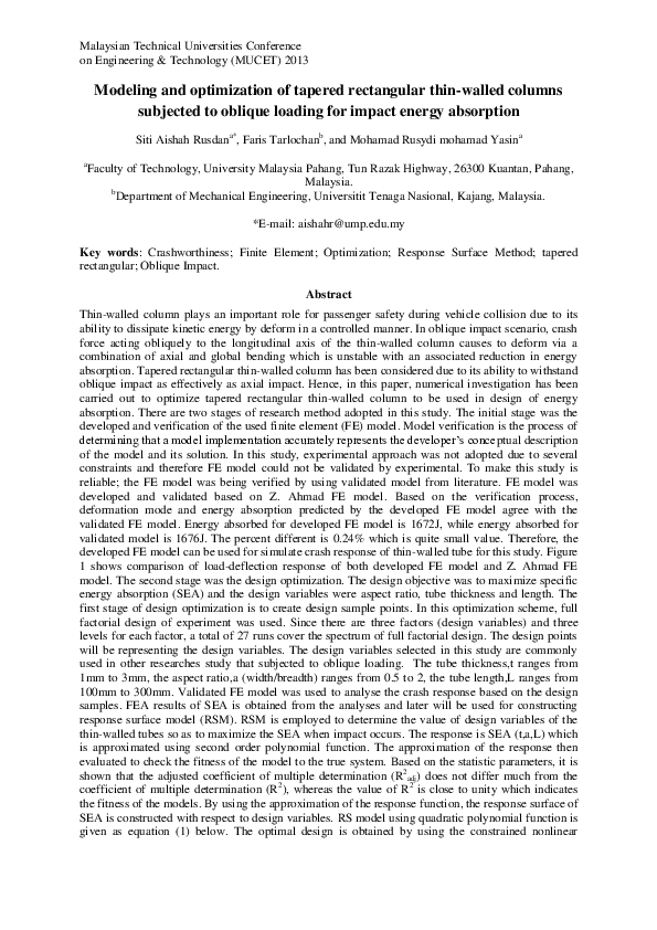 Pdf Modeling And Optimization Of Tapered Rectangular Thin Walled Columns Subjected To Oblique