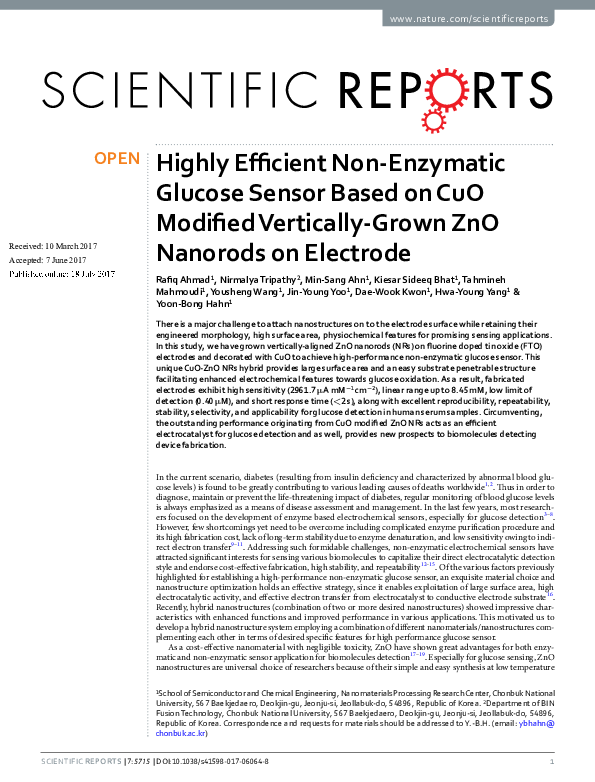 (PDF) Highly Efficient Non-Enzymatic Glucose Sensor Based on CuO Modified Vertically-Grown ZnO ...
