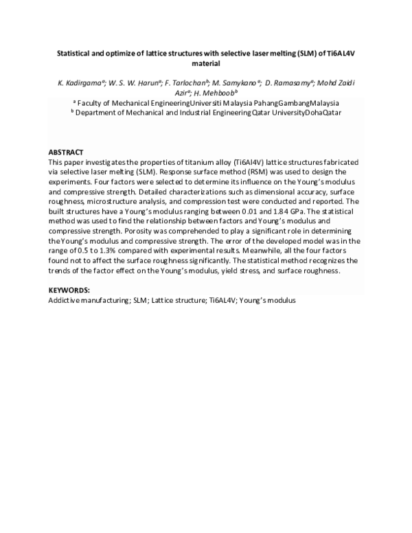 (PDF) Statistical and optimize of lattice structures with selective laser melting (SLM) of ...