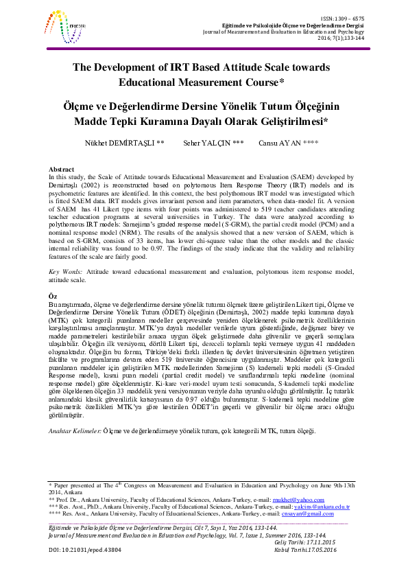 (PDF) The Development of IRT Based Attitude Scale towards Educational ...