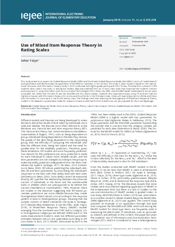 (PDF) Use of Mixed Item Response Theory in Rating Scales
