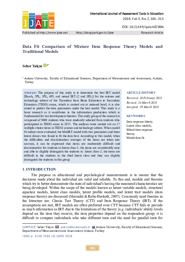 (PDF) Data Fit Comparison of Mixture Item Response Theory Models and Traditional Models