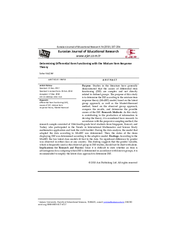 (PDF) Determining Differential Item Functioning with the Mixture Item Response Theory