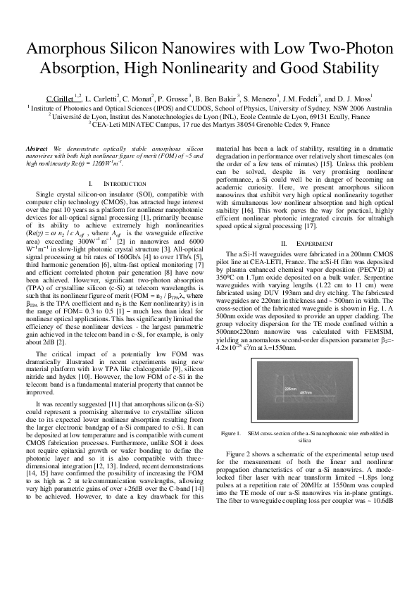 (PDF) Amorphous Silicon Nanowires with Low Two-Photon Absorption, High Nonlinearity and Good ...