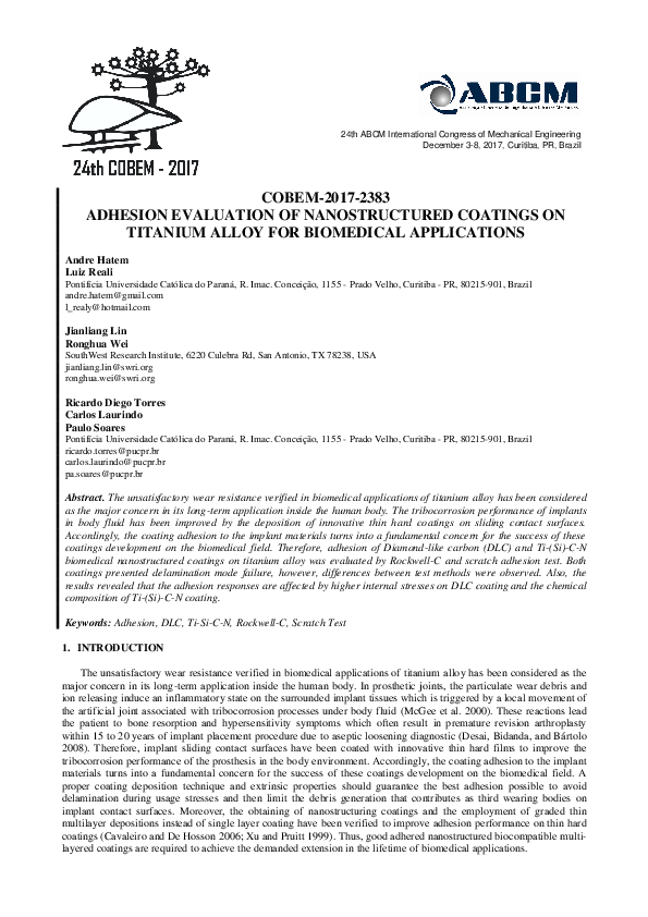 Pdf Adhesion Evaluation Of Nanostructured Coatings On Titanium Alloy For Biomedical