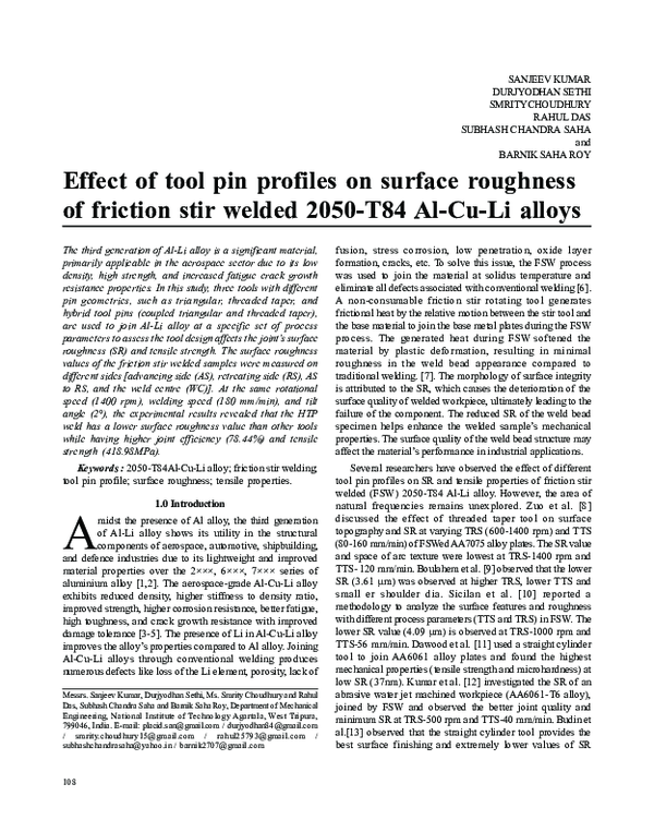(PDF) Effect Of Tool Pin Profiles On Surface Roughness Of Friction Stir ...