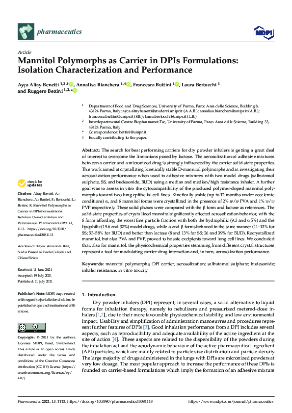 (PDF) Mannitol Polymorphs as Carrier in DPIs Formulations: Isolation Characterization and ...