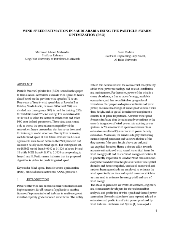 (PDF) Wind Speed Estimation in Saudi Arabia Using the Particle Swarm Optimization (Pso)