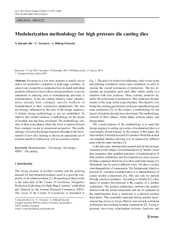 Pdf Modularization Methodology For High Pressure Die Casting Dies