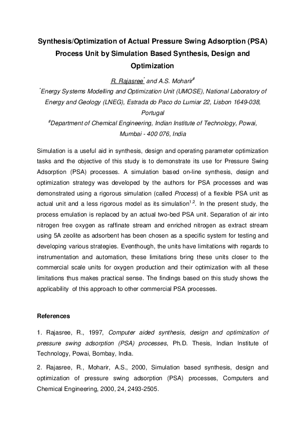 (PDF) Synthesis/Optimization of actual pressure swing adsorption (PSA) process unit by ...