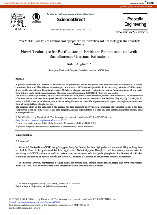 (PDF) Novel Technique for Purification of Fertilizer Phosphoric Acid with Simultaneous Uranium ...