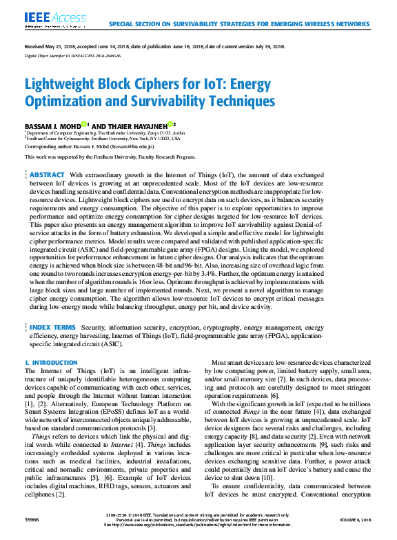 (PDF) Lightweight Block Ciphers for IoT: Energy Optimization and Survivability Techniques