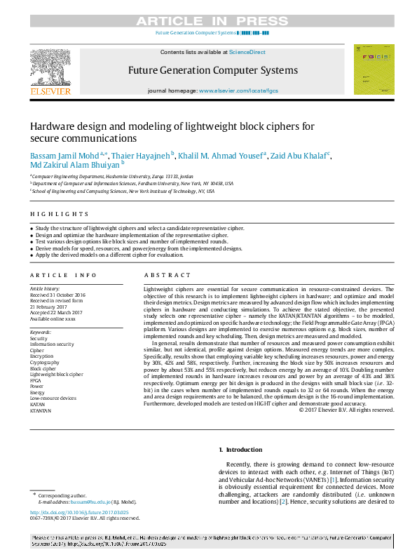(PDF) Hardware design and modeling of lightweight block ciphers for secure communications