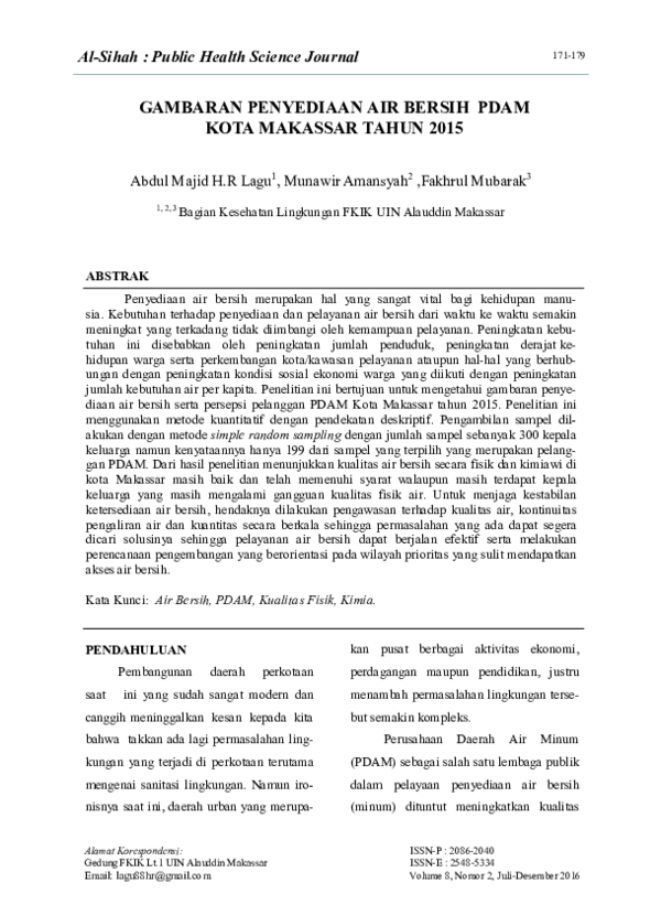 (PDF) Gambaran Penyediaan Air Bersih PDAM Kota Makassar Tahun 2015