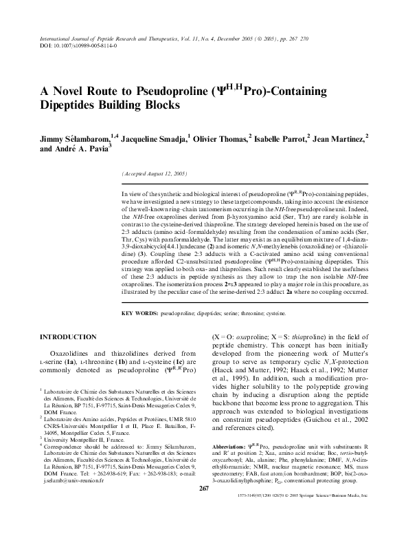 (PDF) A Novel Route to Pseudoproline (ΨH,HPro)-Containing Dipeptides ...