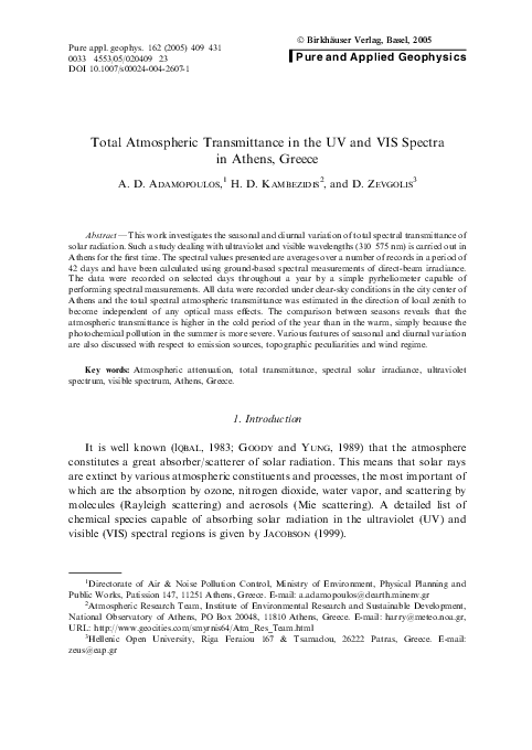 (PDF) Total Atmospheric Transmittance in the UV and VIS Spectra in ...