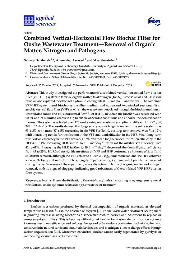 (PDF) Combined Vertical-Horizontal Flow Biochar Filter for Onsite Wastewater Treatment—Removal ...
