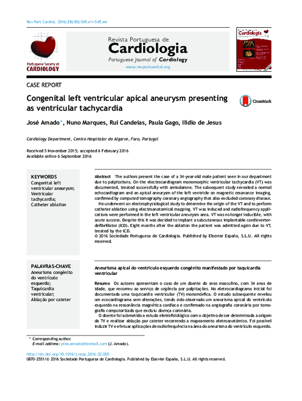 (PDF) Congenital left ventricular apical aneurysm presenting as ventricular tachycardia