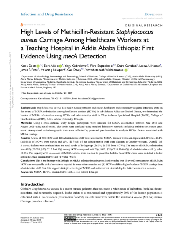 (PDF) High Levels of Methicillin-Resistant Staphylococcus aureus Carriage Among Healthcare ...