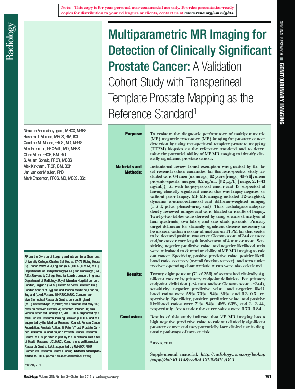 (PDF) Multiparametric MR Imaging for Detection of Clinically Significant Prostate Cancer: A ...