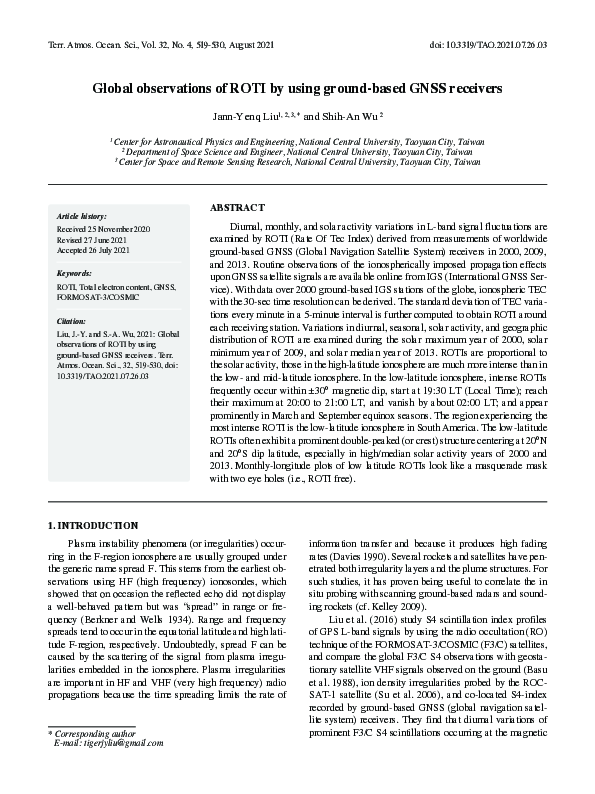 (PDF) Global observations of ROTI by using ground-based GNSS receivers