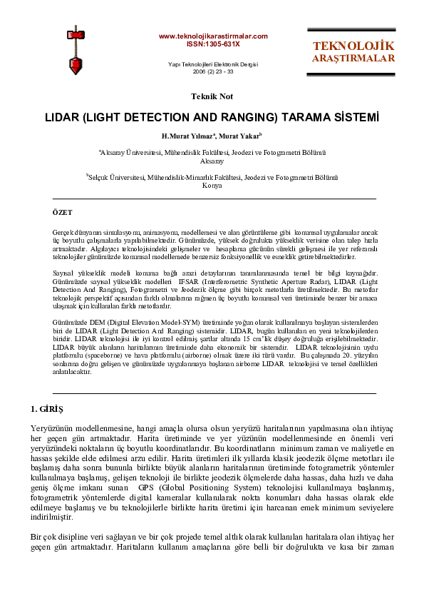 (PDF) Lidar (Light Detection and Ranging) Tarama Si̇stemi̇