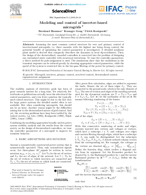 (PDF) Modeling and control of inverter-based microgrids ⁎ ⁎This work is funded by the German ...