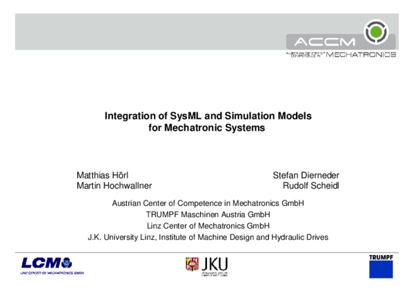 (PDF) Integration of SysML and Simulation Models for Mechatronic Systems