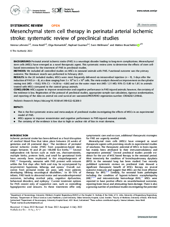 (PDF) Mesenchymal stem cell therapy in perinatal arterial ischemic stroke: systematic review of ...