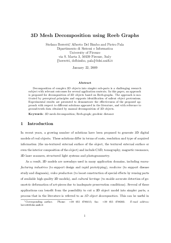 (PDF) 3D Mesh decomposition using Reeb graphs