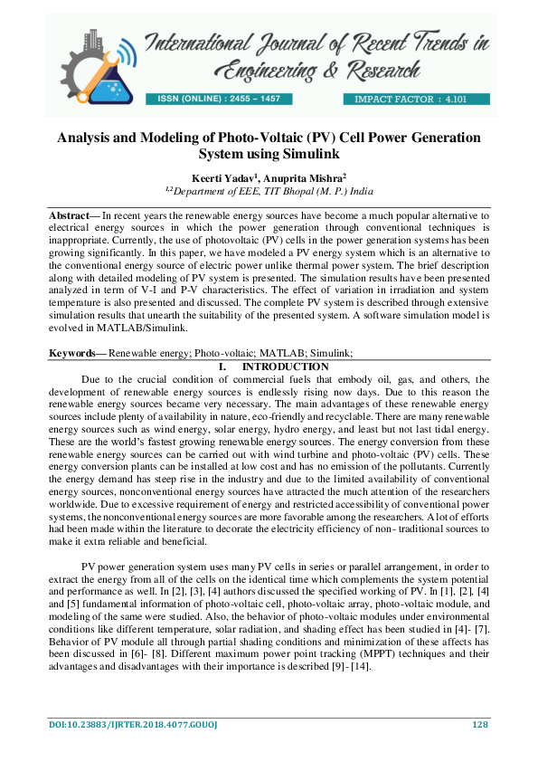 (PDF) Analysis and Modeling of Photo-Voltaic (PV) Cell Power Generation System using Simulink ...