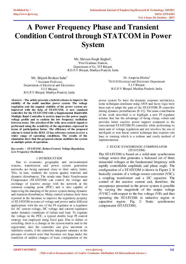 (PDF) A Power Frequency Phase and Transient Condition Control through STATCOM in Power System